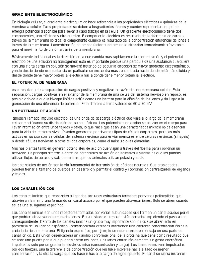 Gradiente Electroquímico | PDF | Potencial de acción | Canal de iones
