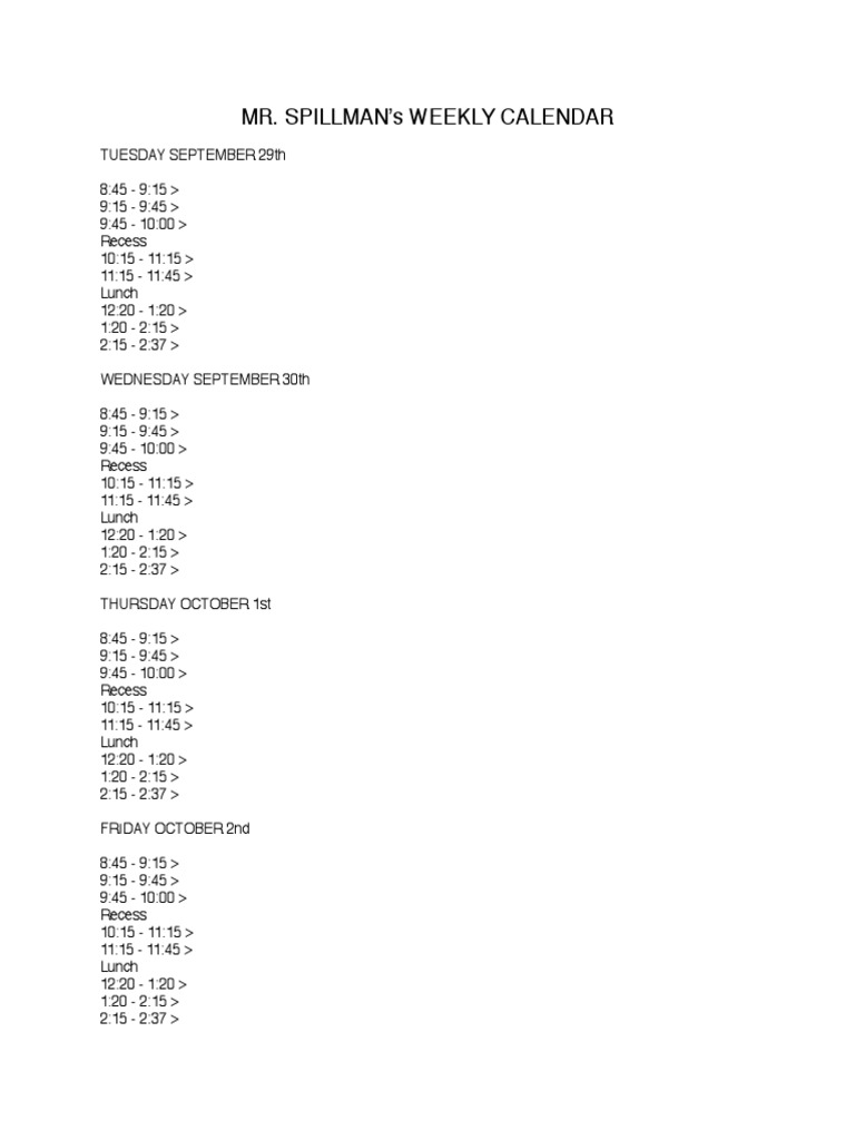 Mr. Spillman's Weekly Schedule | PDF