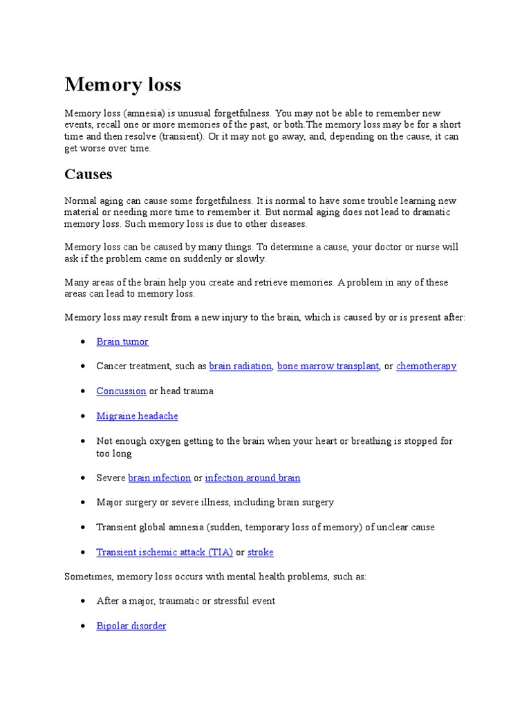 Memory Loss: Causes | Download Free PDF | Amnesia | Dementia