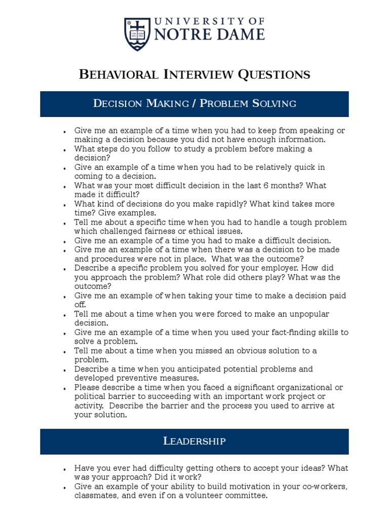 Behavioral Interview Questions: Decision Making & Problem Solving | PDF ...