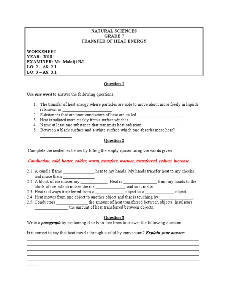 NS WORKSHEET (Transfer of Heat Energy) | PDF | Heat Transfer | Ice