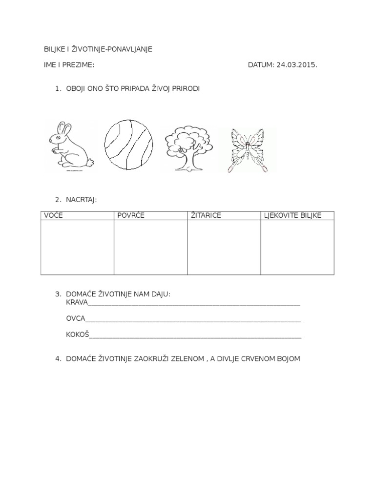 Nastavni List Za Biljke I Životinje Iz Našeg Okruženja-Ponavljanje | PDF