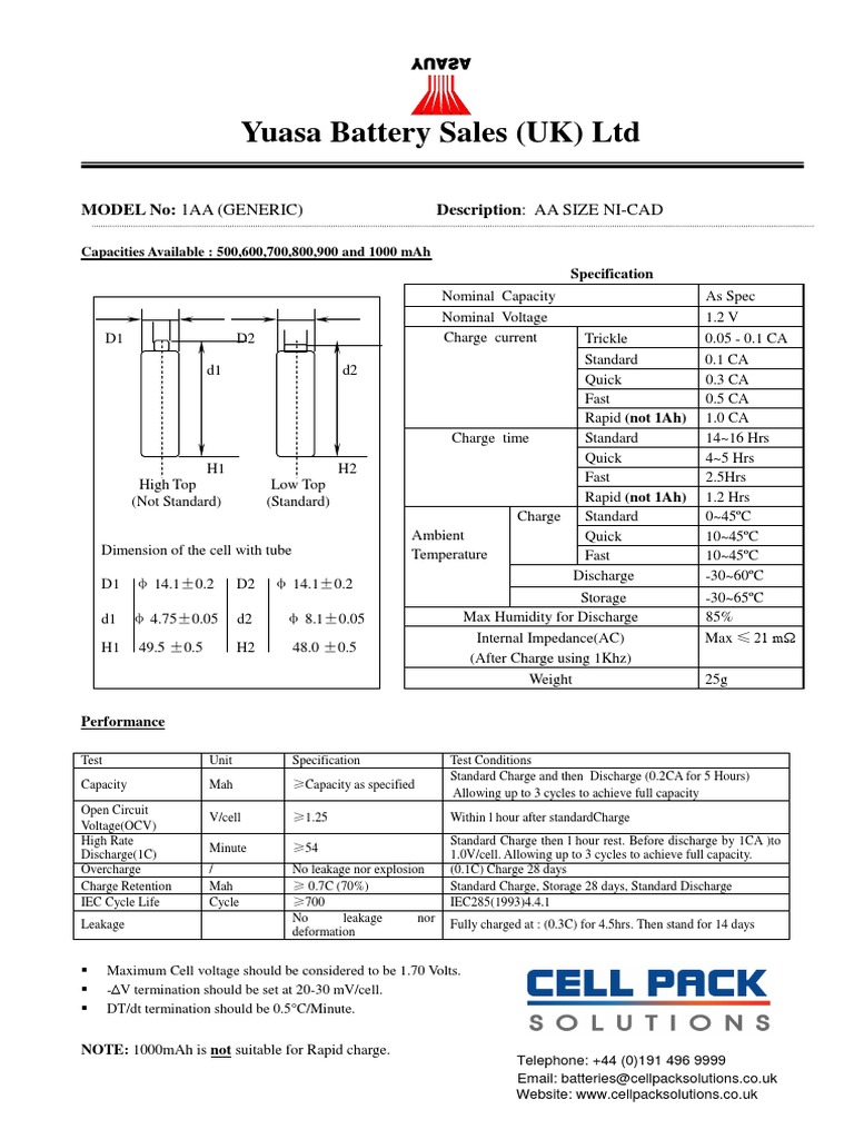 AA Size Ni-Cad Battery Specifications | PDF