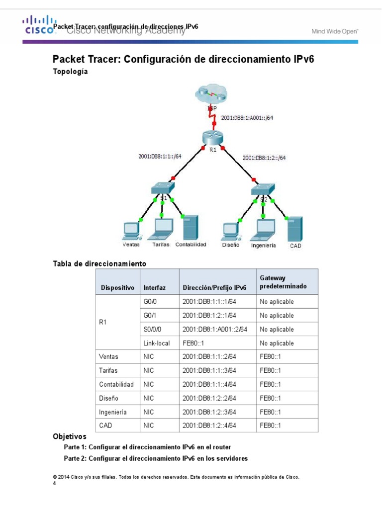 8.2.5.3 Packet Tracer: Configuración de Direcciones IPv6 | PDF | Yo Pv6 | Enrutador (Computación)