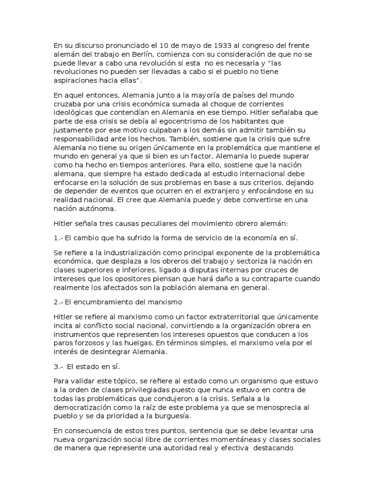 Análisis Del Discurso de Hitler 10 de Mayo de 1933 | PDF | Alemania ...