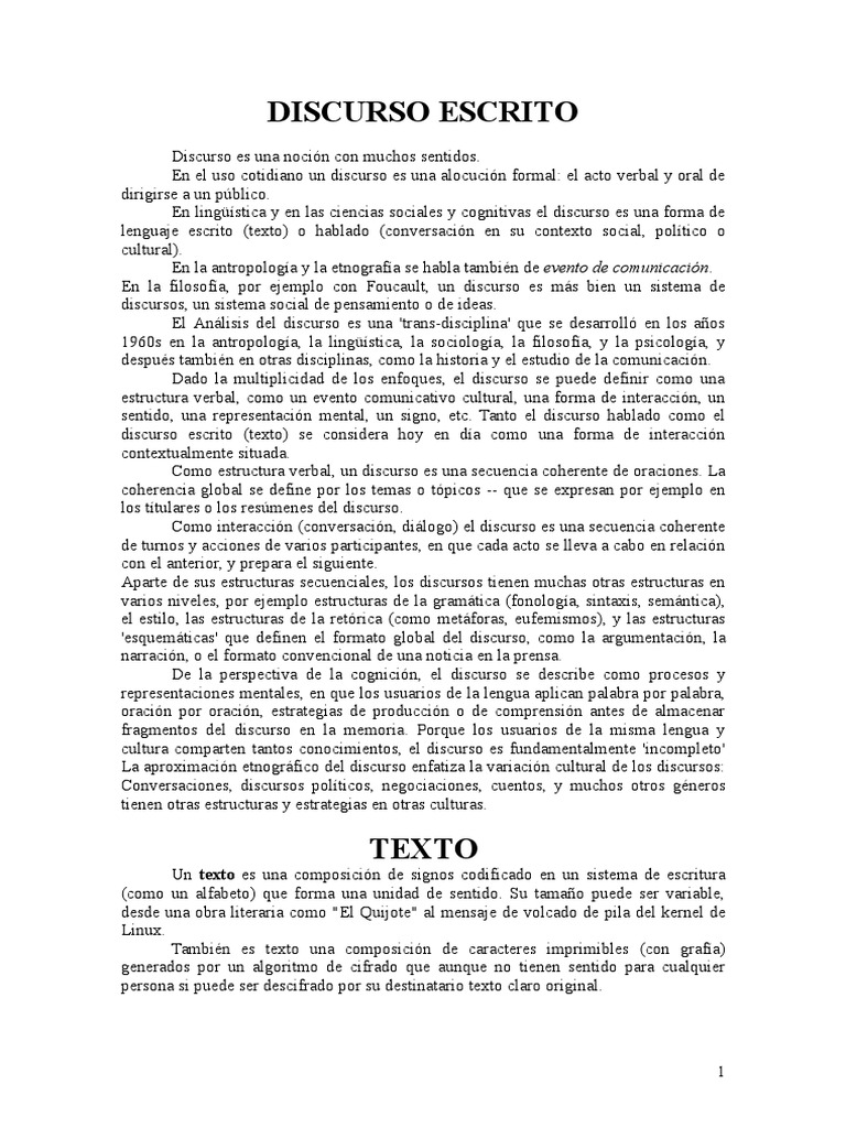 Discurso Escrito | PDF | Oración (Lingüística) | Lingüística