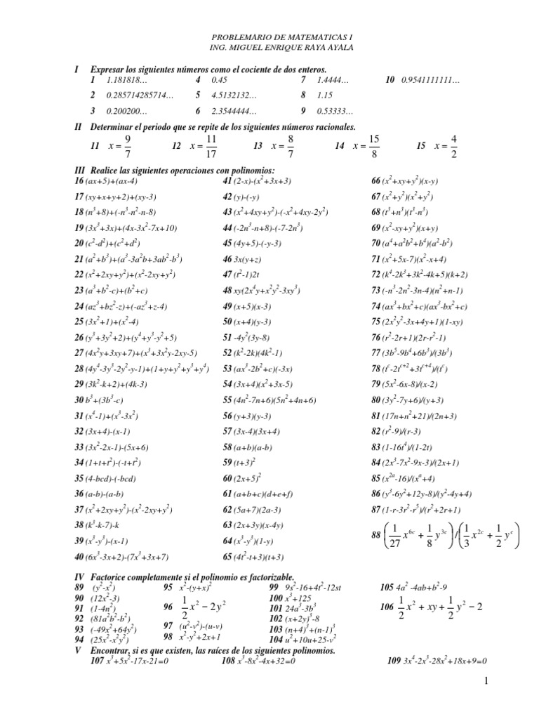 Problemario Profesor RAYA - MATEMÁTICAS 1 | PDF | Integral | Espacio