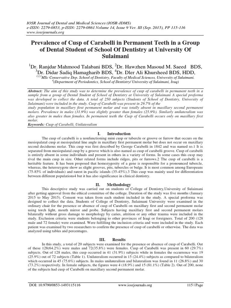 Prevalence of Cusp of Carabelli in Permanent Teeth in A Group of Dental ...