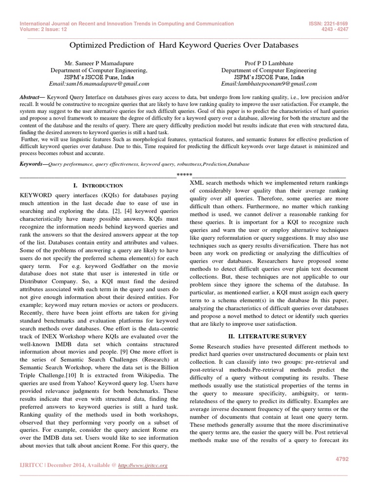Optimized Prediction of Hard Keyword Queries Over Databases | PDF | Information Retrieval ...
