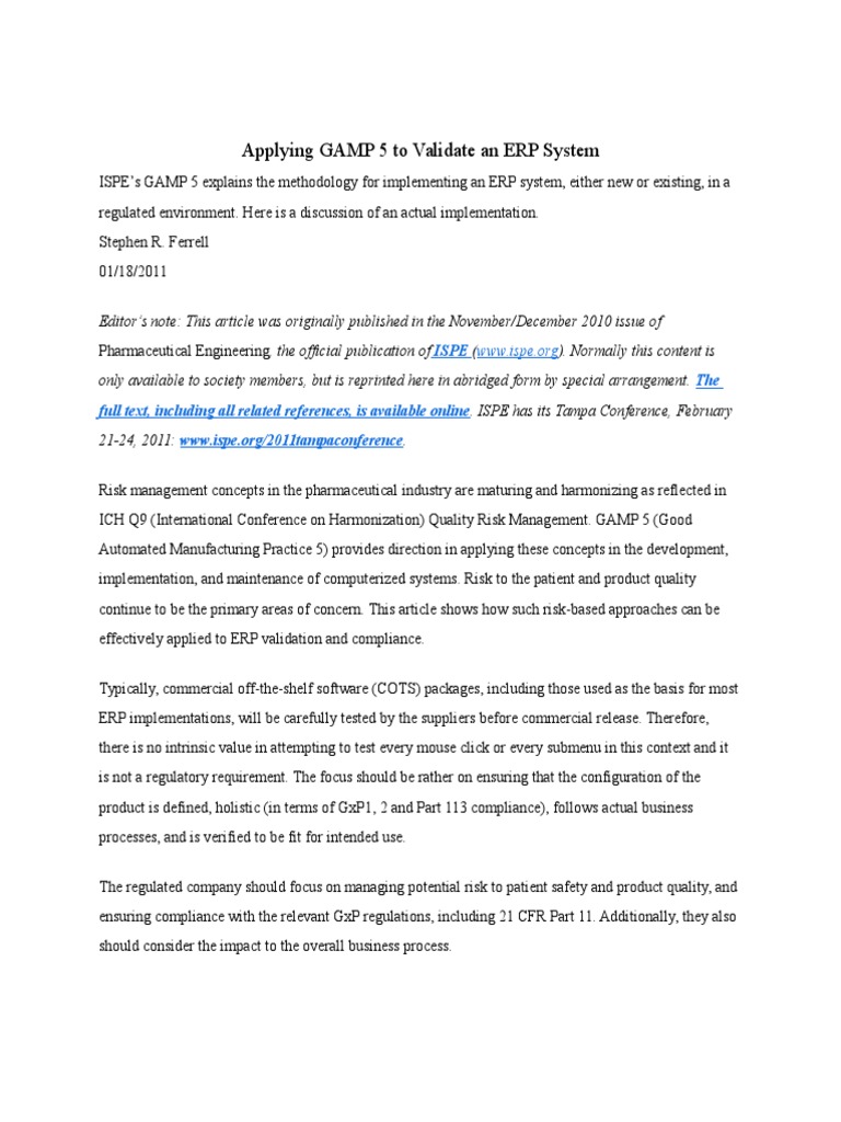 Applying GAMP 5 to Validate an ERP System | Enterprise Resource ...