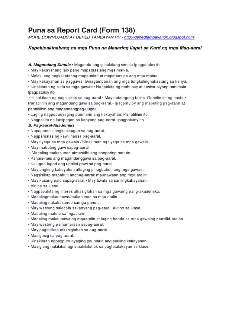 Puna Sa Report Card 1 | PDF