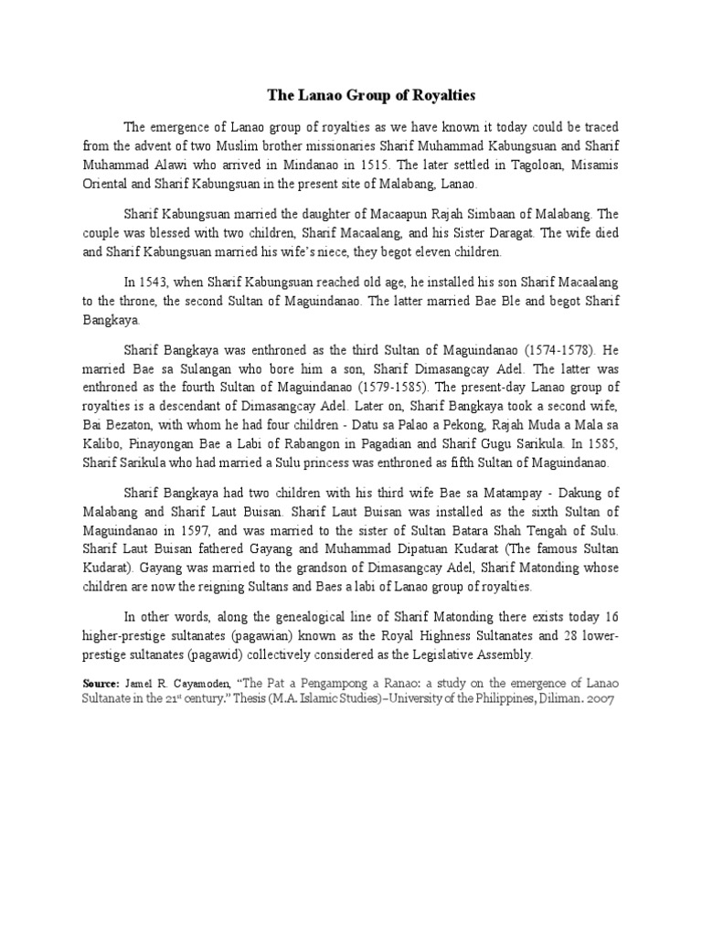 Short Historical Background of Maranao Royalty (Sultanate) | PDF ...