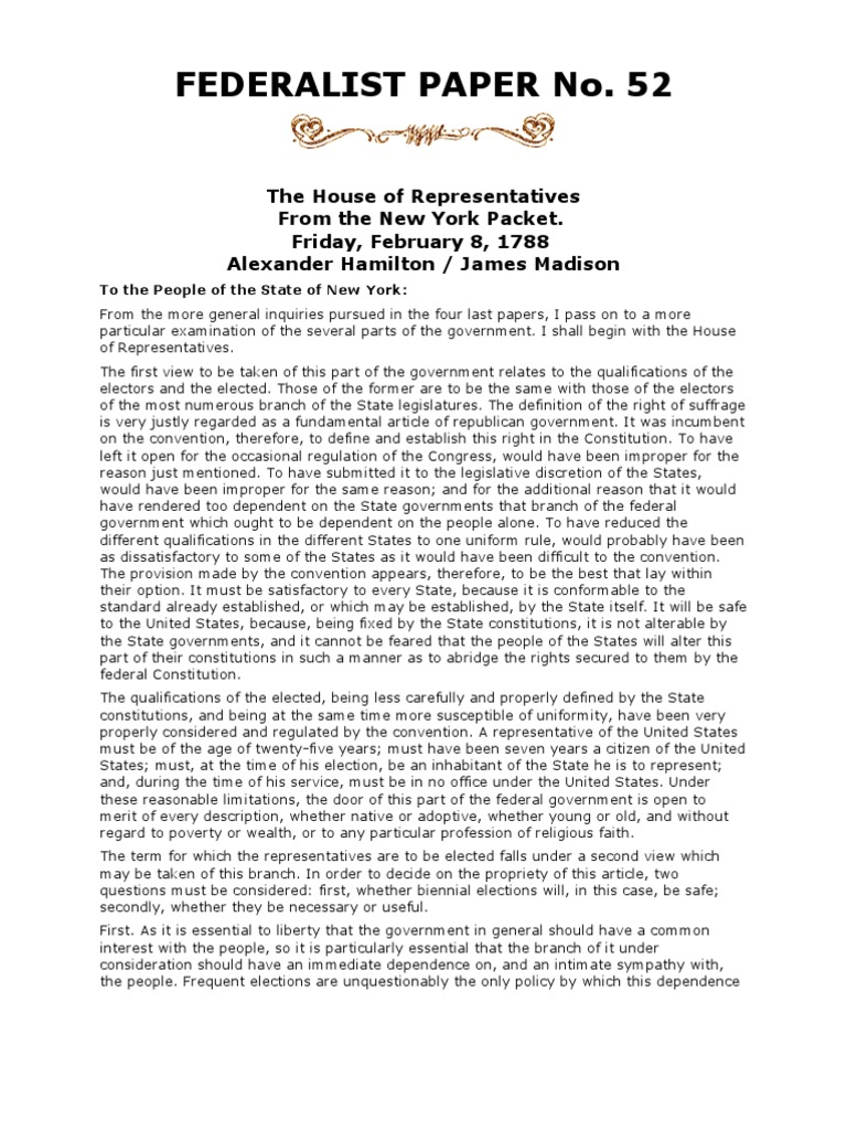 Federalist Paper No 52 | PDF | Government Information | Government