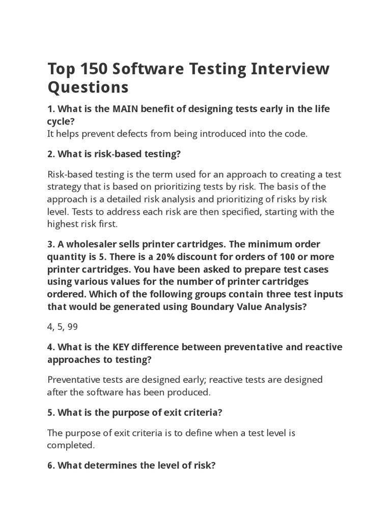 Top 150 Software Testing Interview Questionsdoc Software Testing Software Bug 