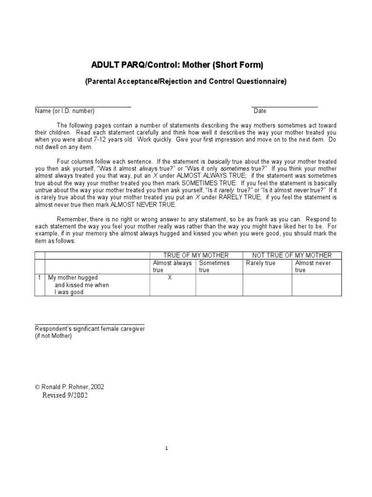 Adult PARQ Control Mother Short Form | PDF