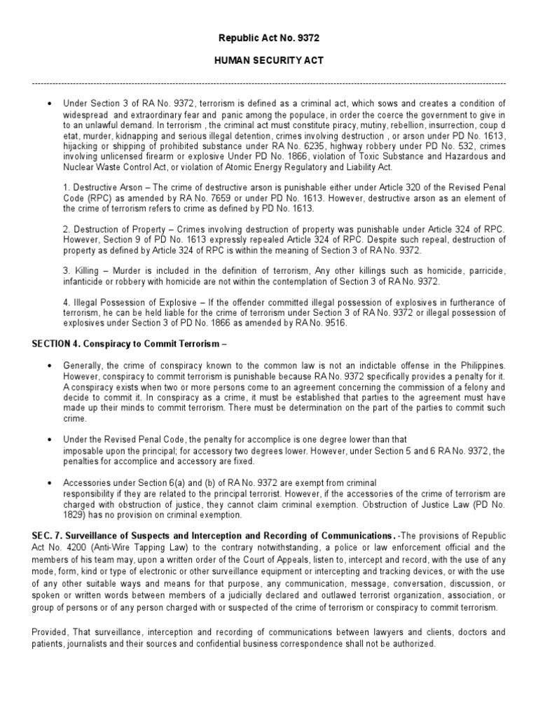Republic Act No. 9372 | PDF | Conspiracy (Criminal) | Detention ...