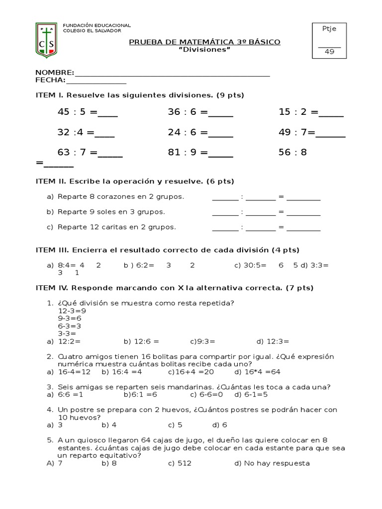 Prueba de Divisiones para 3º Básico | PDF | División (Matemáticas ...
