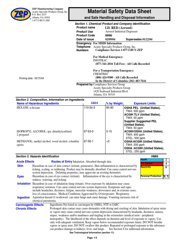 MSDS Degreaser - ID Red - 650mL (450g) - Spray Can | PDF | Firefighting ...