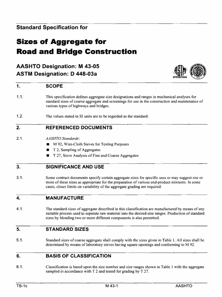AASHTO M 43 Aggregate Size Standards | PDF