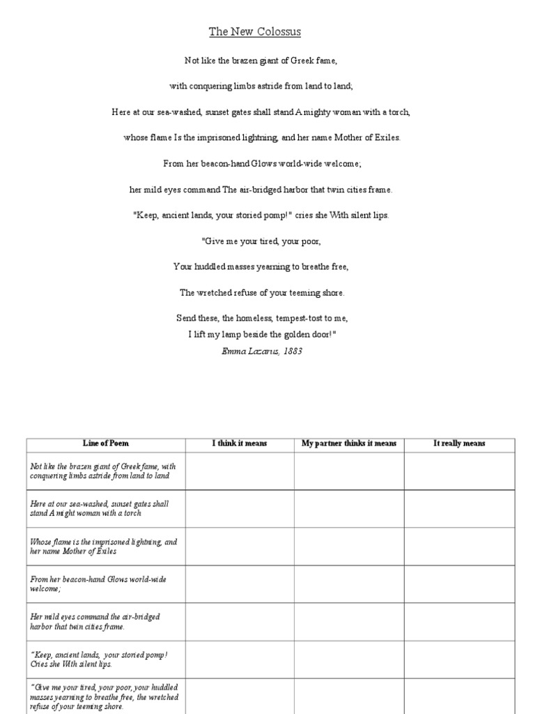 The New Colossus Poem Analysis | PDF