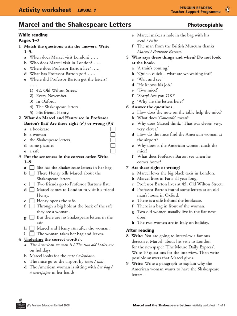 Marcel and The Shakespeare Letters: Activity Worksheet | PDF