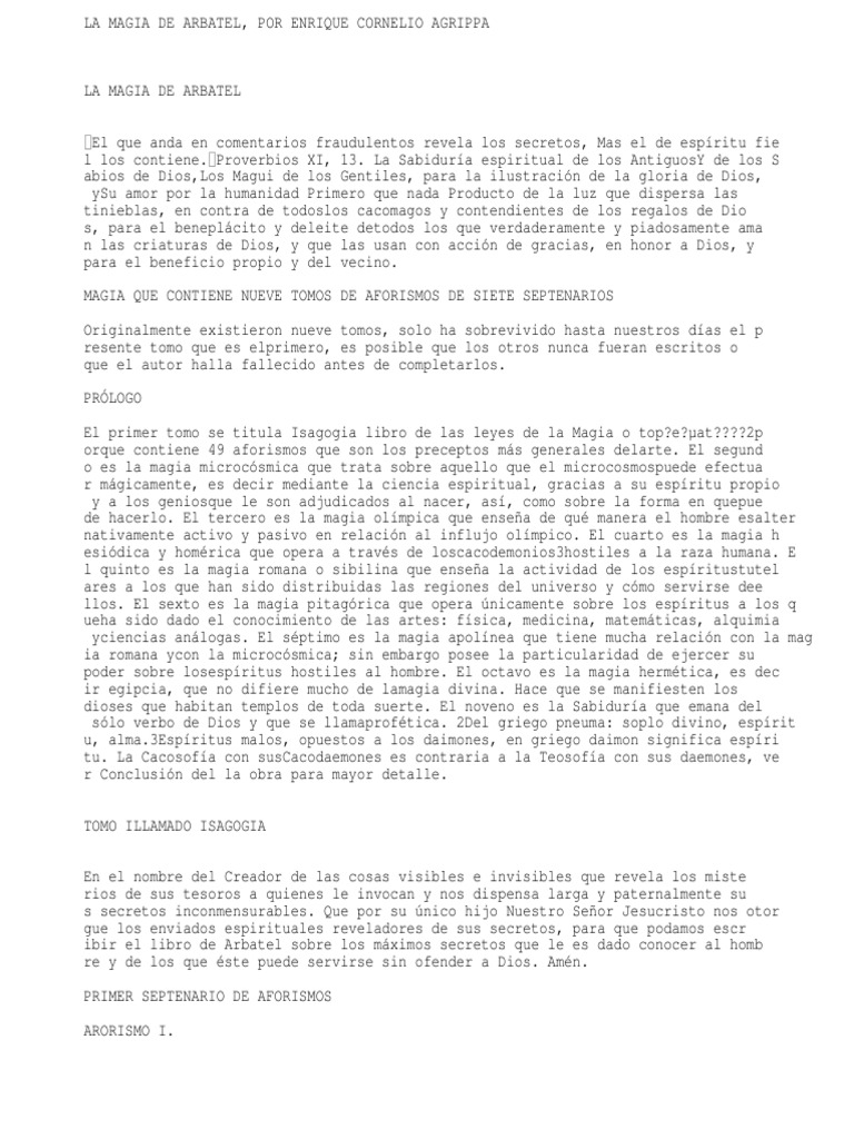 La Magia de Arbatel, Por Enrique Cornelio Agrippa | PDF | Fe | Espíritu