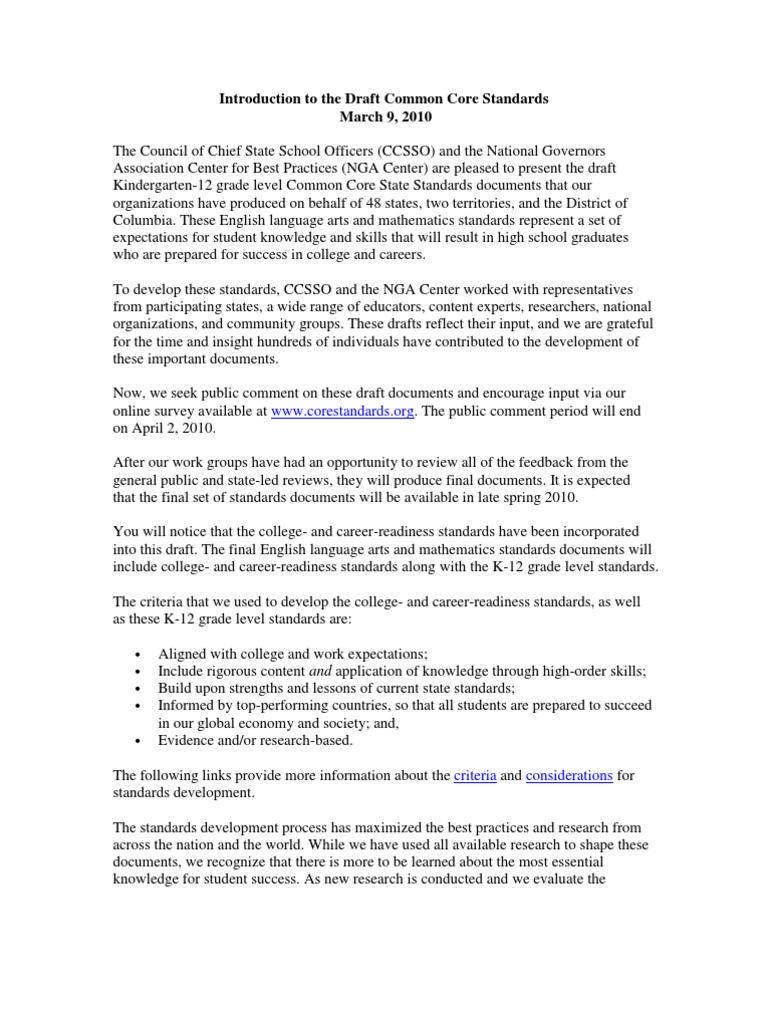 Introduction To The Draft Common Core Standards March 9, 2010 | PDF ...