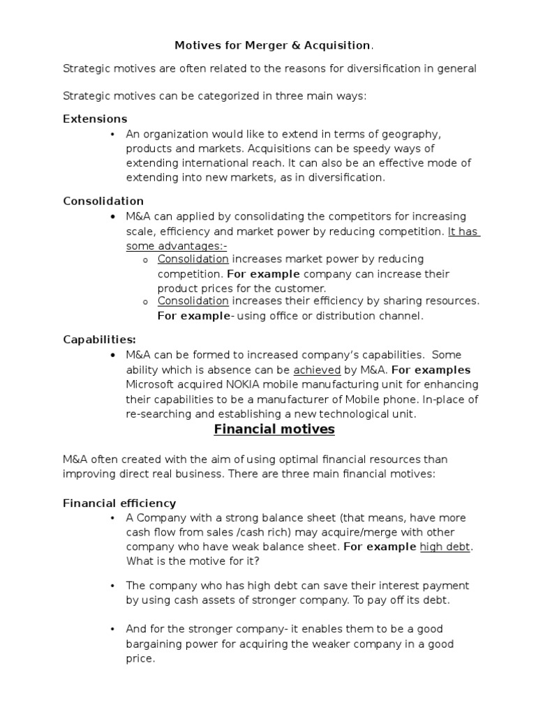 Motives For Merger & Acquisition | PDF | Mergers And Acquisitions ...
