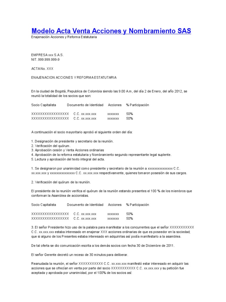 Acta de Venta y Nombramiento SAS | PDF | Compartir (Finanzas) | Gobierno