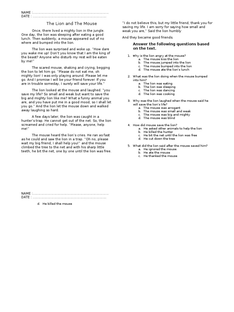The Lion and The Mouse: Answer The Following Questions Based On The ...