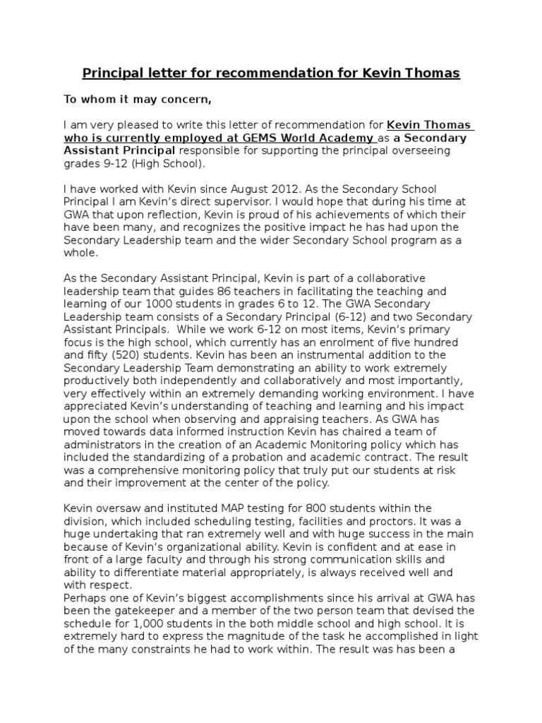 Principal Recommendation for Kevin | PDF | Secondary School | Head Teacher