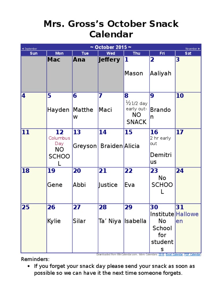 October-2015-Snack Calendar | PDF | Self-Improvement | Wellness