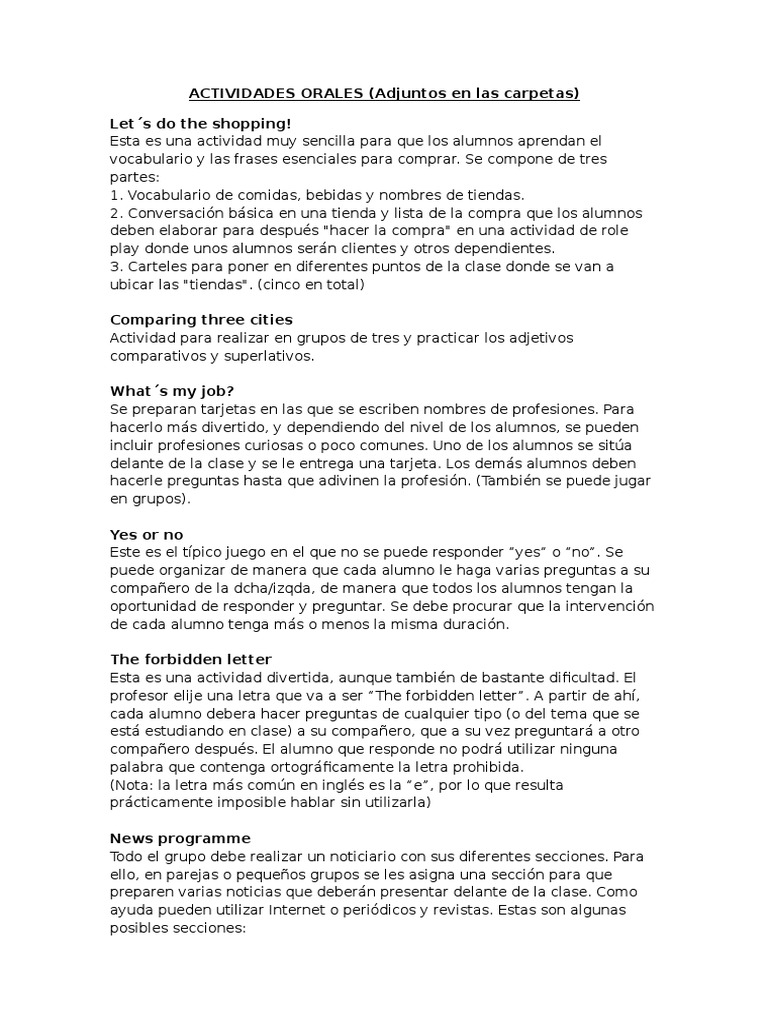 ACTIVIDADES ORALES Inglés | PDF | Idiomas