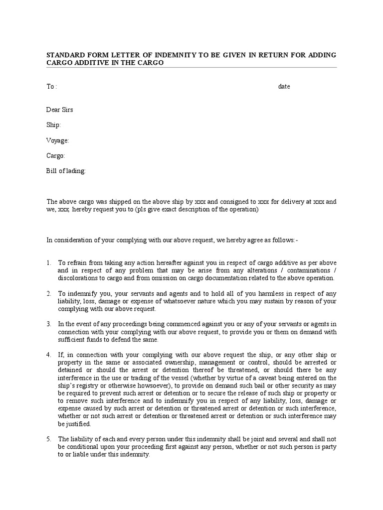 Indemnity Letter for Cargo Additive | PDF | Indemnity | Civil Law ...