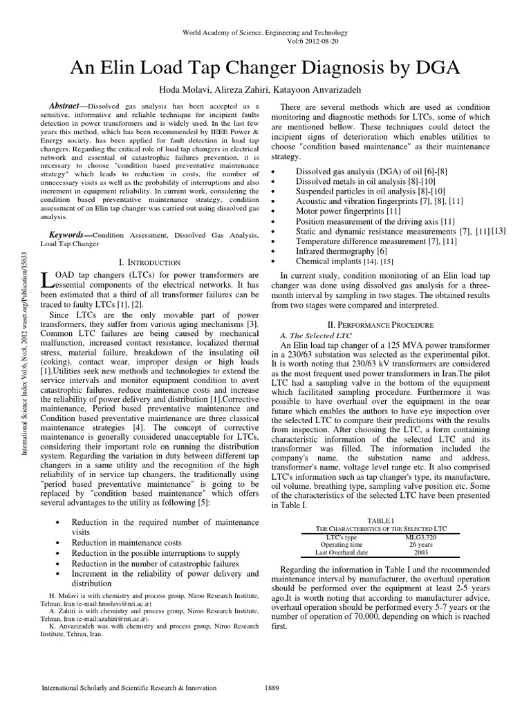 DGA for Elin Load Tap Changer Assessment | PDF | Transformer ...