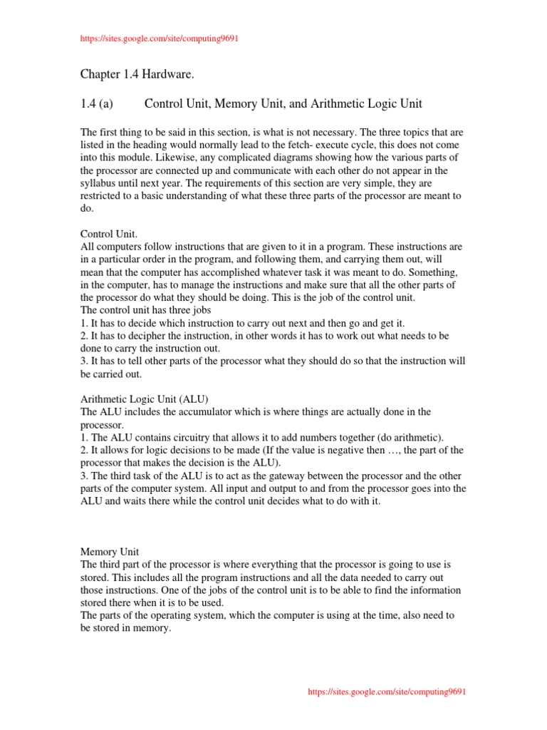 Chapter 1.4 Hardware. 1.4 (A) Control Unit, Memory Unit, and Arithmetic ...