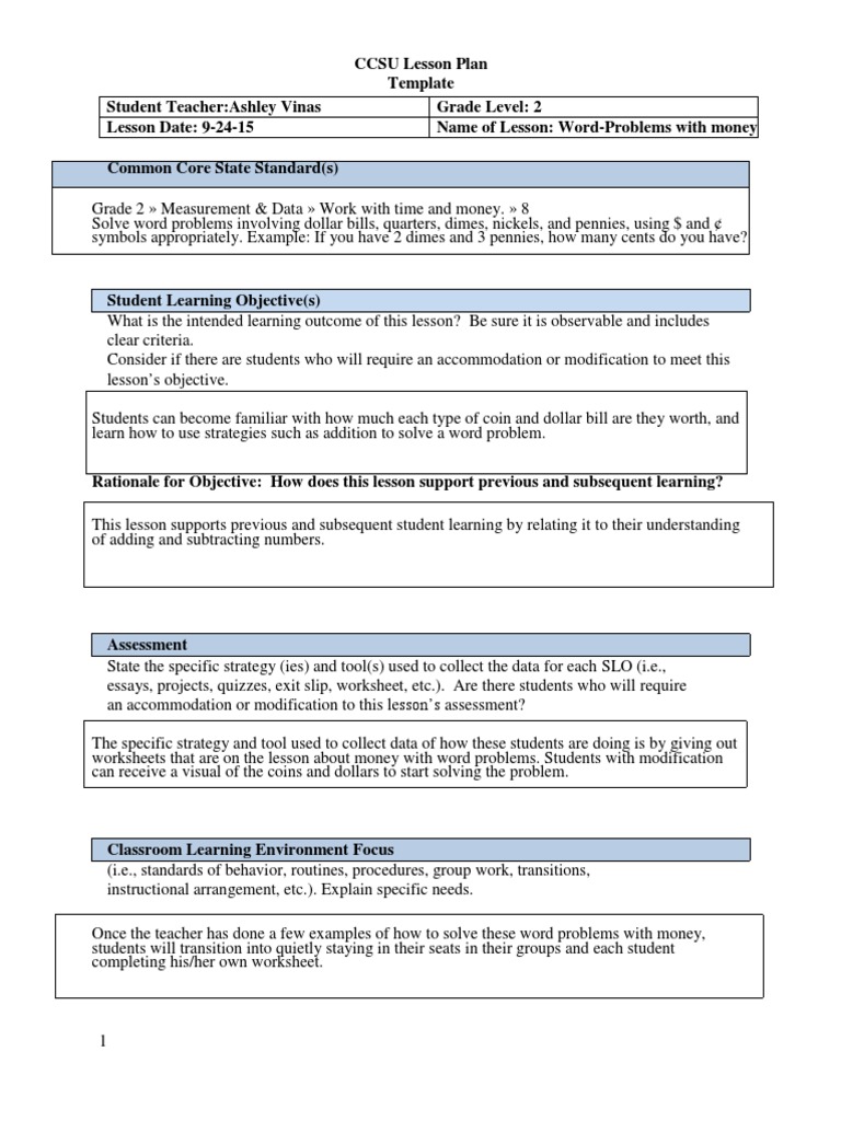 CCSU Completed LESSON PLAN - Money Grade 2 | PDF | Lesson Plan ...