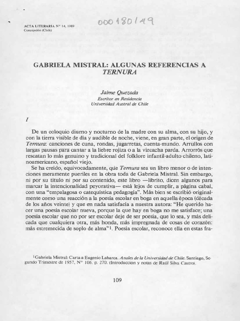 Uma Leitura de Ternura Da Gabriela Mistral | PDF | Poesía | Publicación