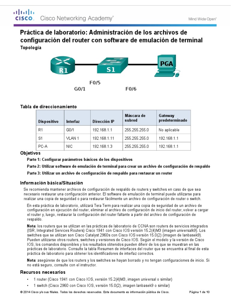 11.4.2.6 Práctica de laboratorio: Administración de los archivos de configuración del router con ...