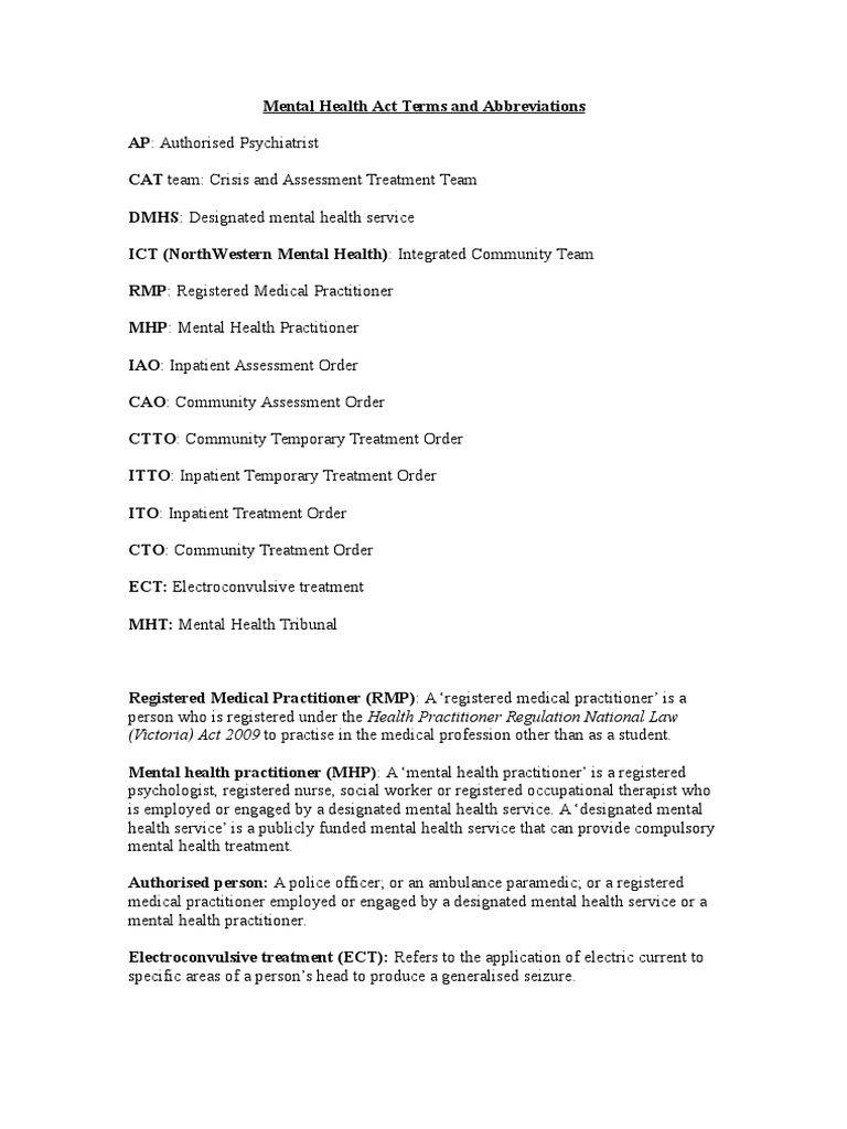 Mental Health ACT Terms and Abbreviations | PDF | Health Professional ...