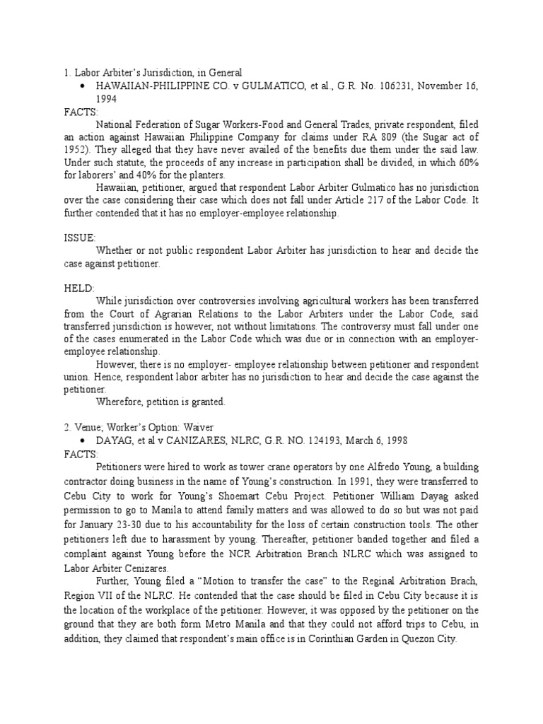 Case Digests in Labor Relations | PDF | Jurisdiction | Labour Law