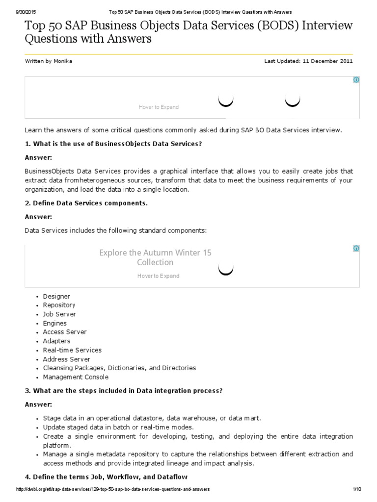 Top 50 SAP Business Objects Data Services (BODS) Interview Questions With Answers | PDF | Table ...