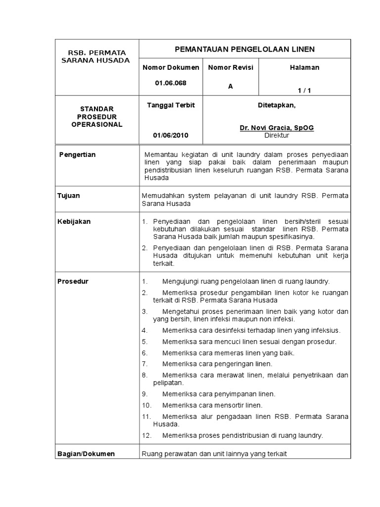 Spo Pemantauan Pengelolaan Linen | PDF | Kesehatan Holistik