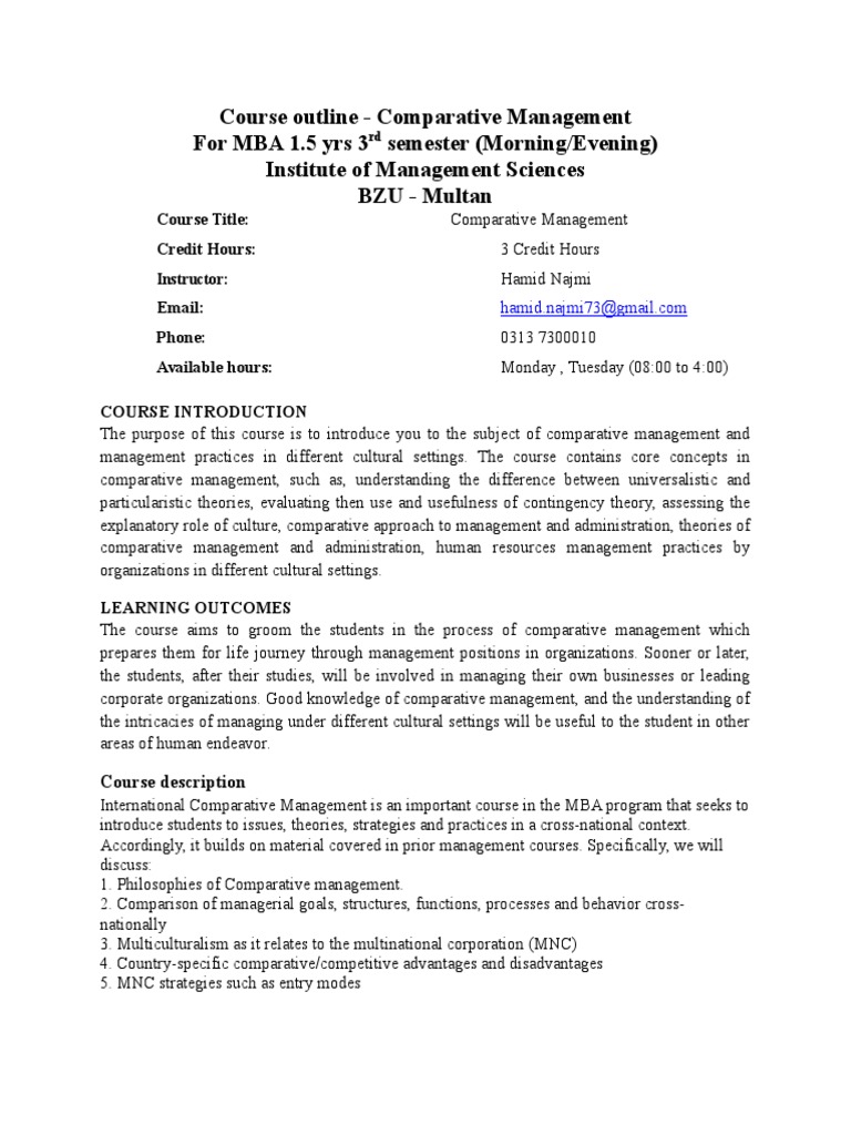 Comparative Management Course Outline | PDF | Multinational Corporation ...