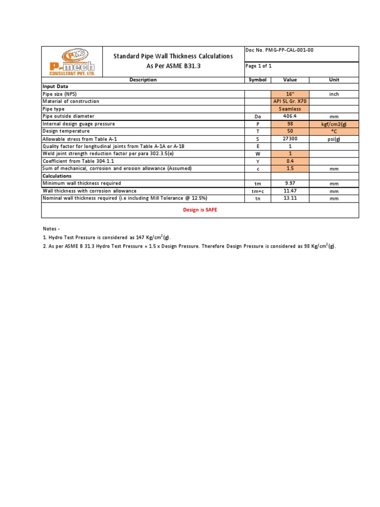 Wall Thickness Calculations As Per ASME B31 3 PDF | PDF