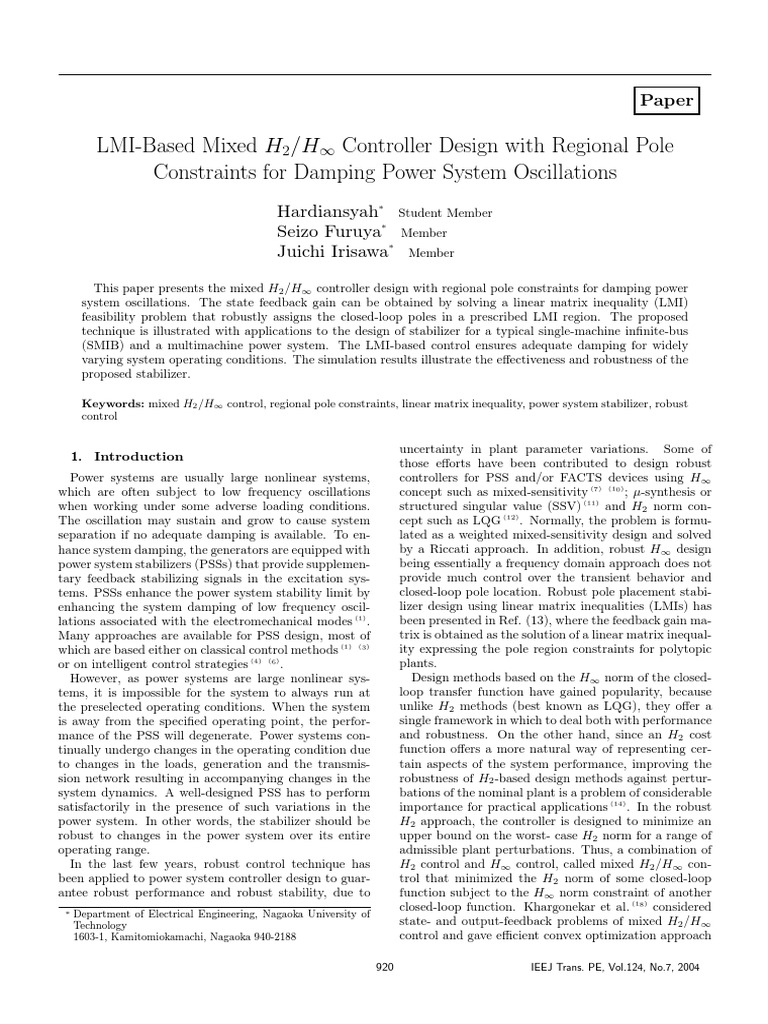 LMI-Based Mixed Controller Design With Regional Pole Constraints For Damping Power System ...