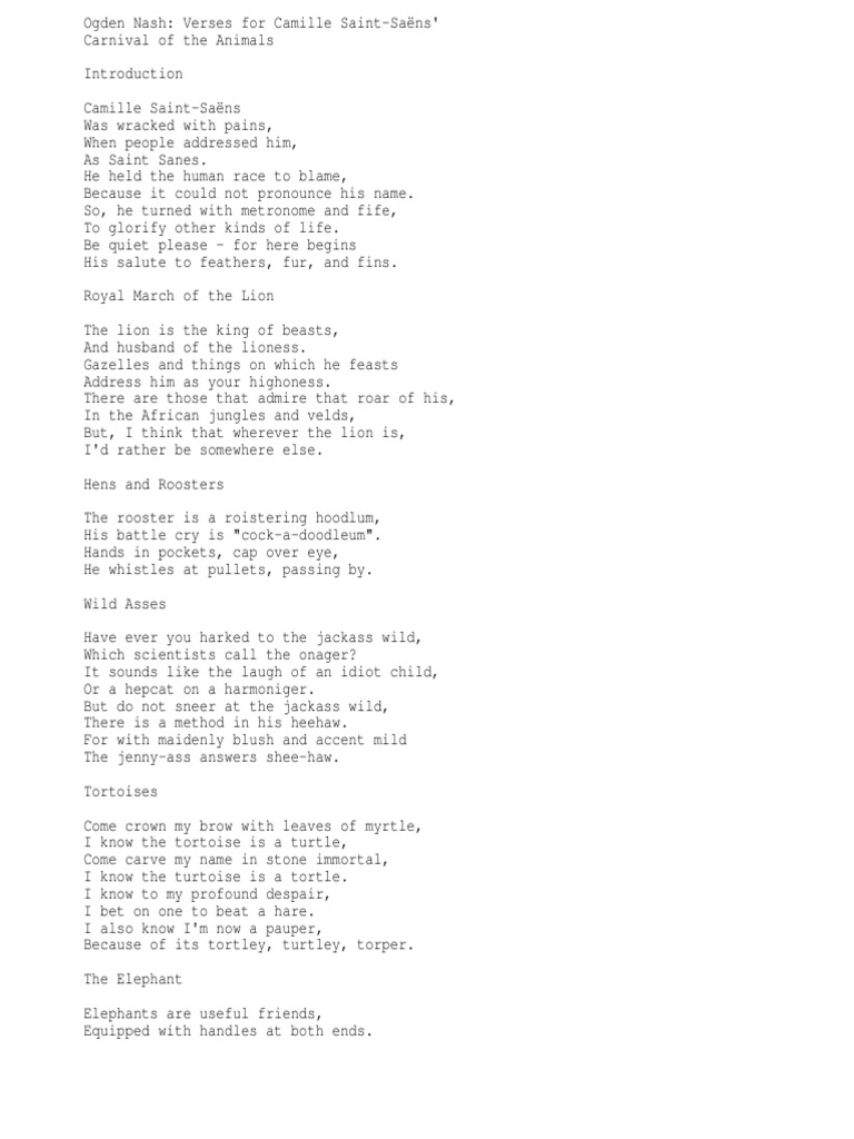 Ogden Nash Poems to Carnival of the Animals | Leisure | Psychology ...