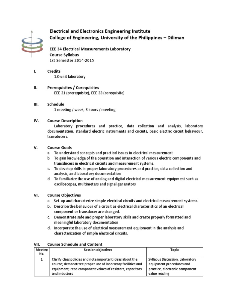 EEE 34 Syllabus 1sy1516 | PDF | Electrical Engineering | Electrical Network