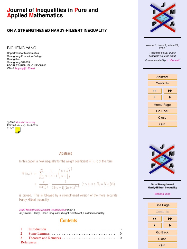 On A Strengthened Hardy-Hilbert Inequality - Bicheng Yang | PDF | Mathematical Objects ...