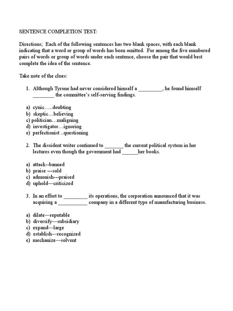 CSEE Reviewer Sentence Completion Test | PDF
